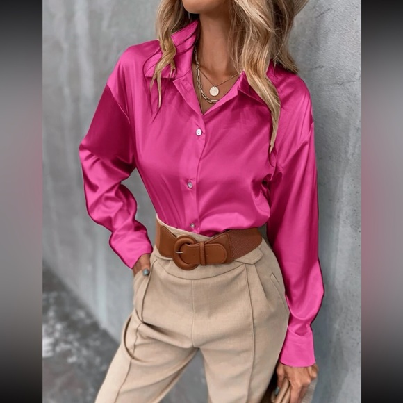 Tops | Hot Pink Button Down Satin Shirt | Poshmark